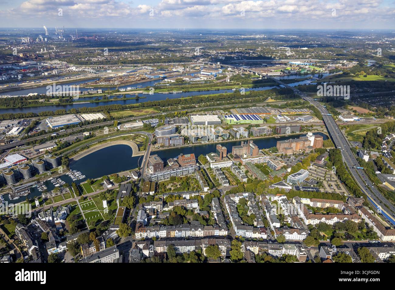 Aerial view, inner harbour wooden harbour The Curve with Five Boats ...
