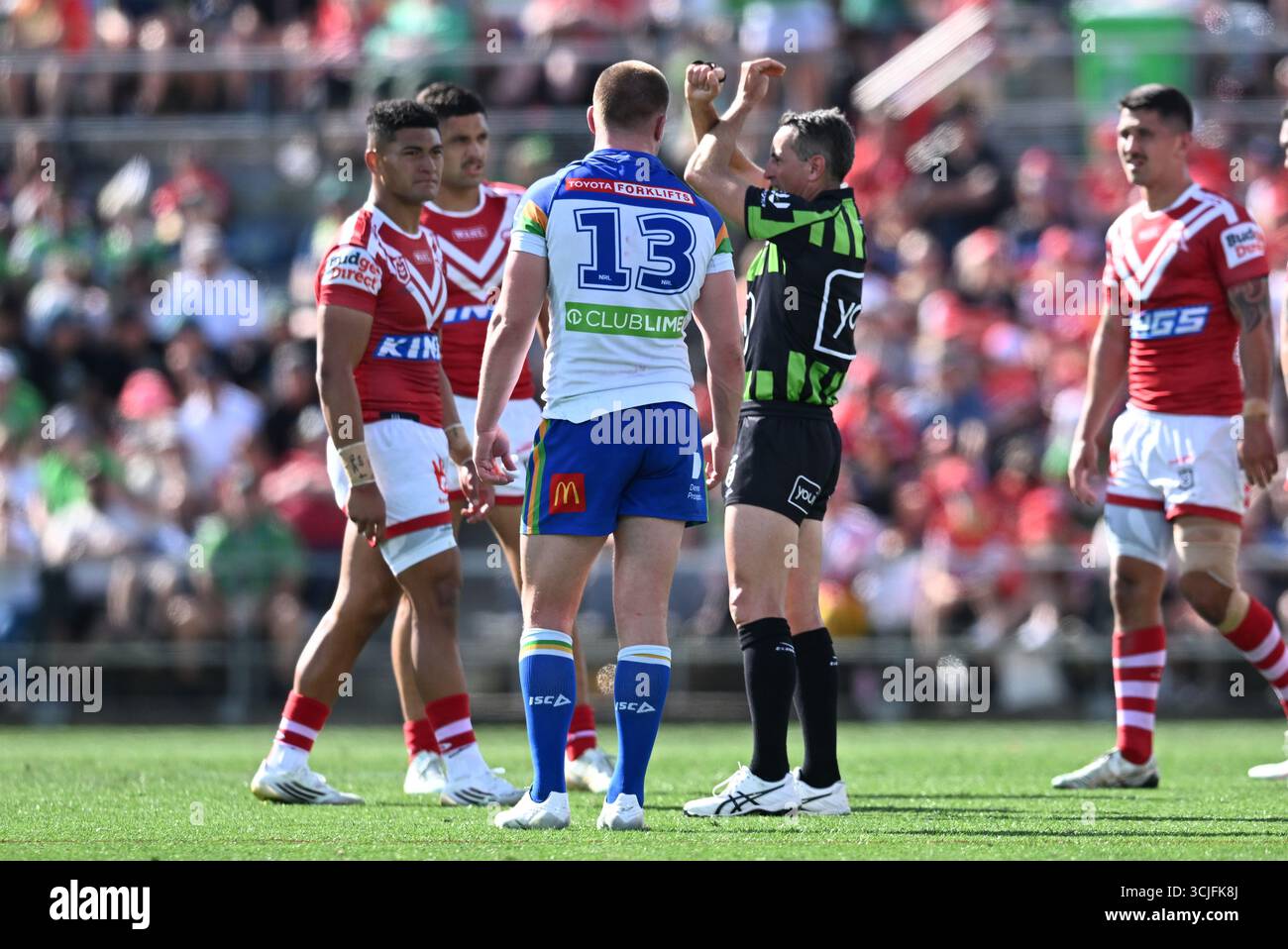 Morgan Smithies (centre) of the Raiders is seen being put on report ...