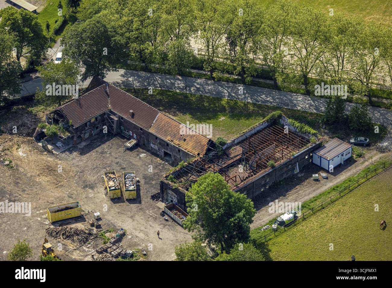 Aerial view of the farm Schulte Somborn, fire ruins of a farm in ...