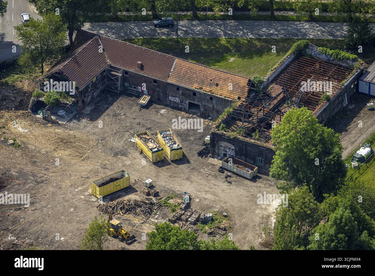 Aerial view of the farm Schulte Somborn, fire ruins of a farm in ...
