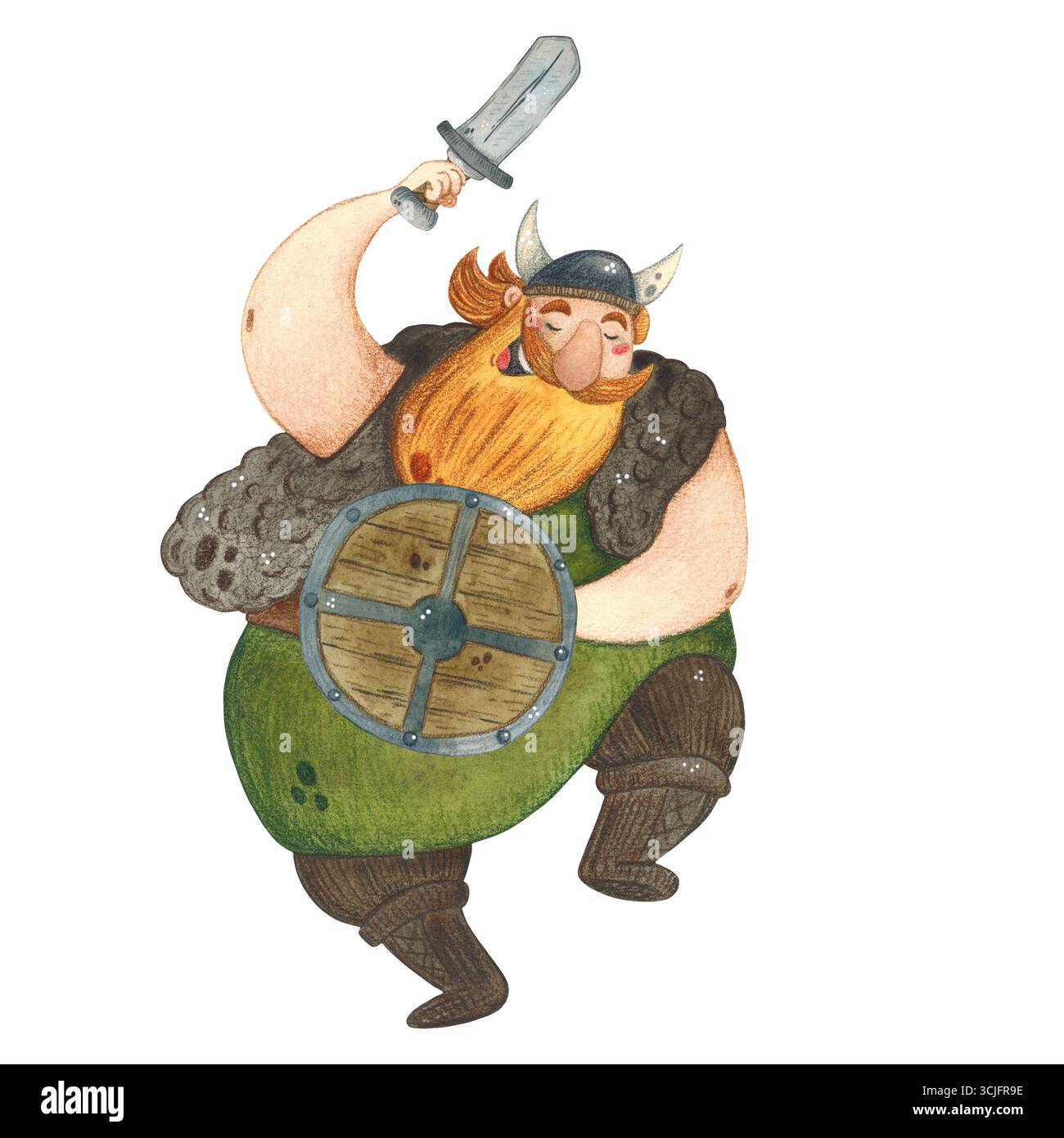 Funny Viking in helmet, with sword and shield. Watercolor illustration ...