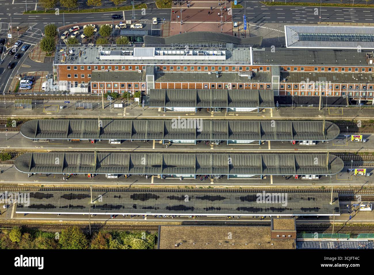 Aerial view, Bochum main station, platform and station forecourt with ...