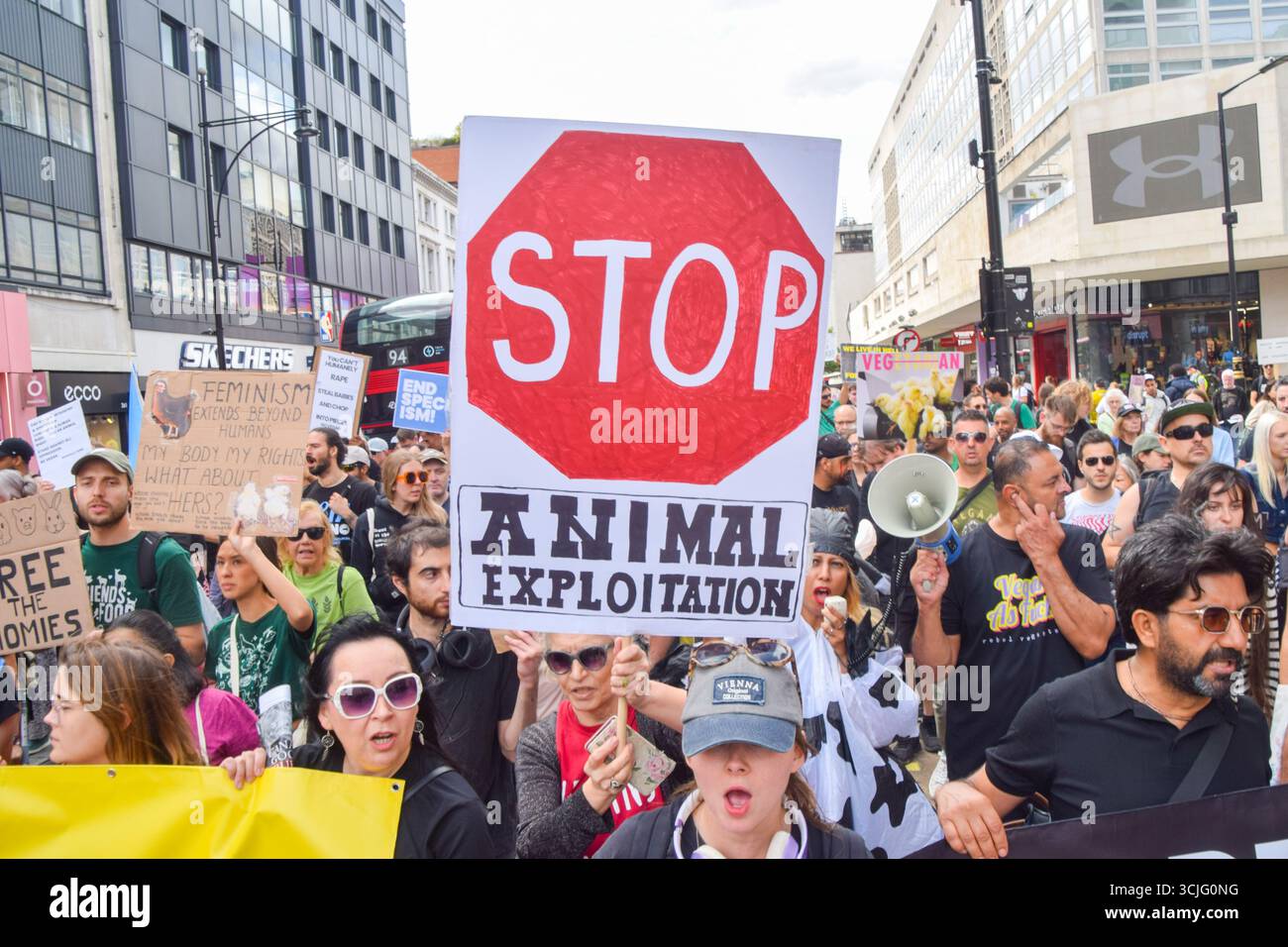 London, UK. 6th September 2025. Protesters pass through Oxford Street ...