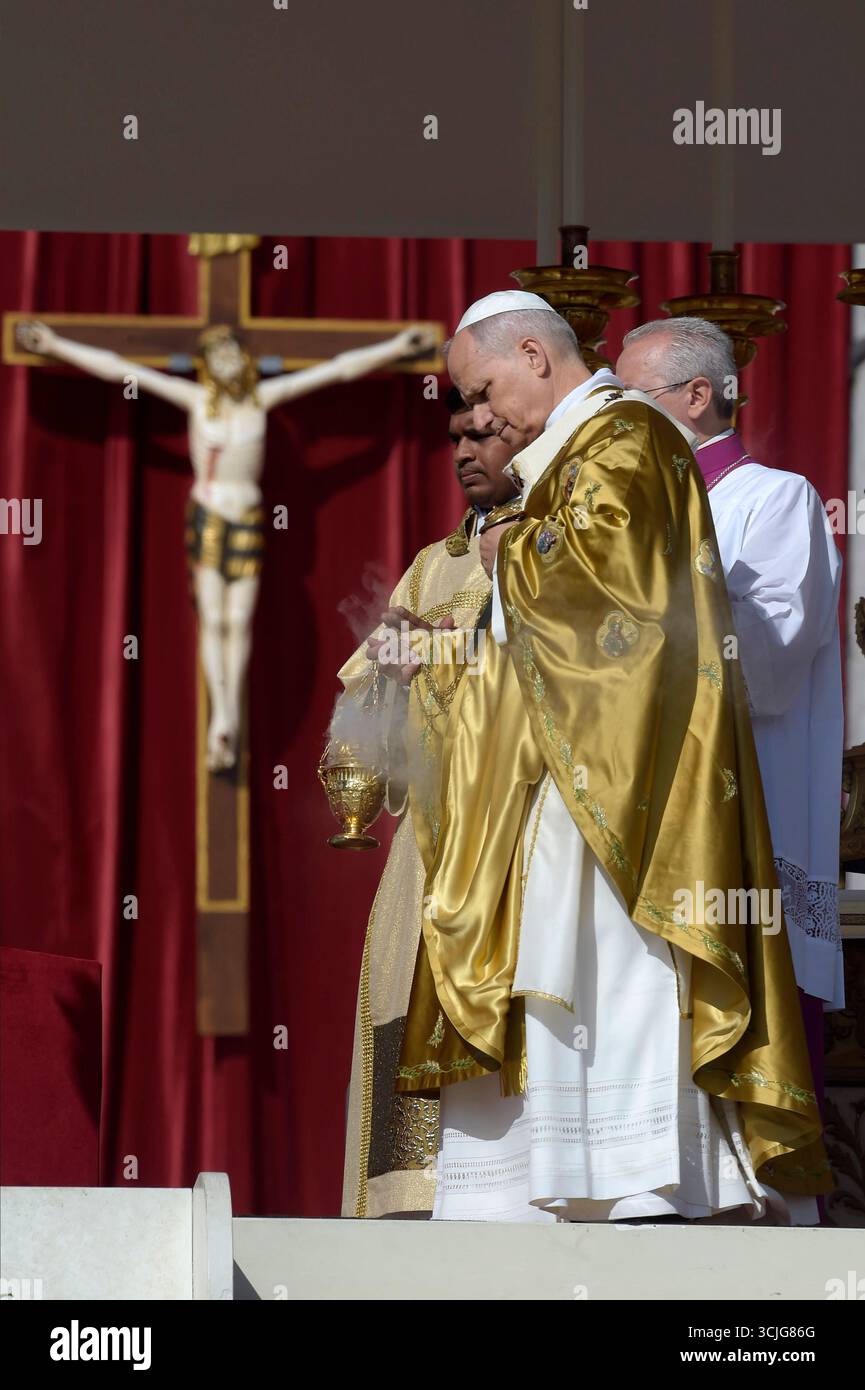 Pope Leo XIV during the canonization of Carlo Acutis, in St. Peter's ...