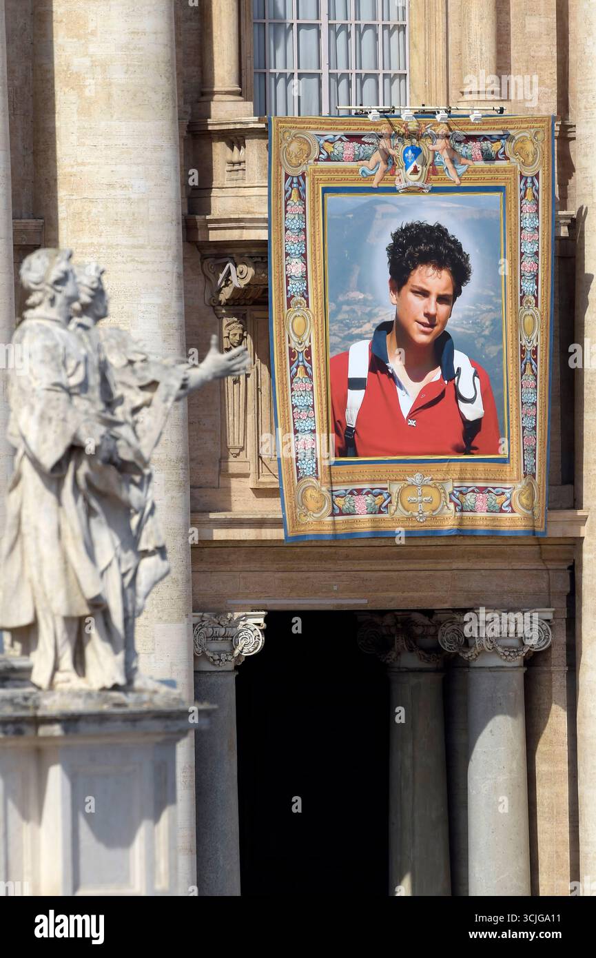 Image of Carlo Acutis during his canonization, in St. Peter's Square at ...
