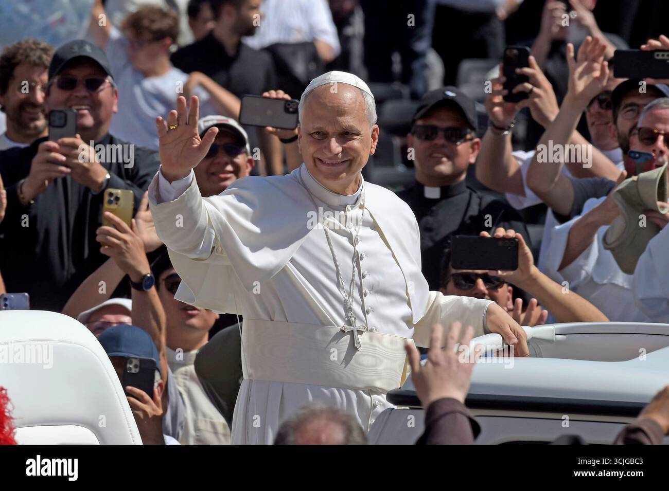Pope Leo XIV during the canonization of Carlo Acutis, in St. Peter's Square at the Vatican, on ...