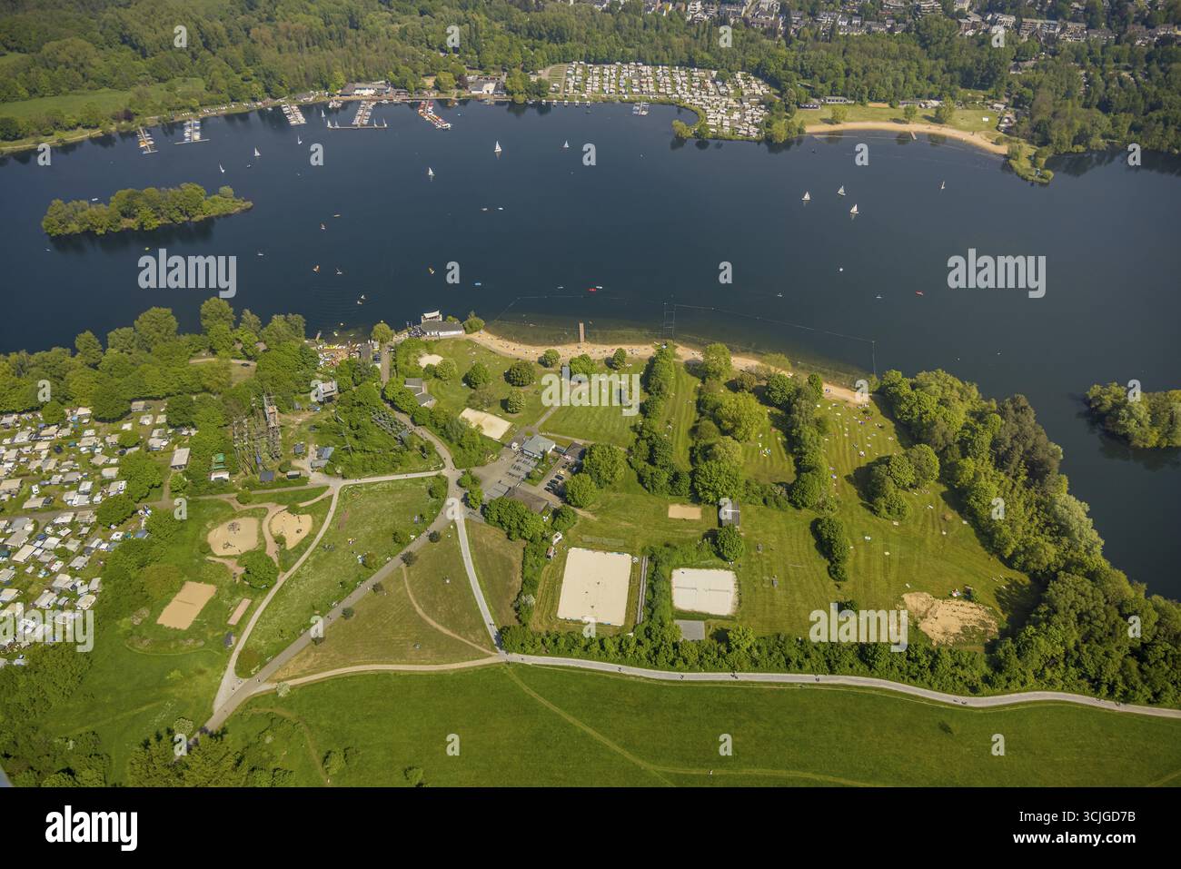 Aerial view, leisure activities at Unterbacher See, island in the lake ...