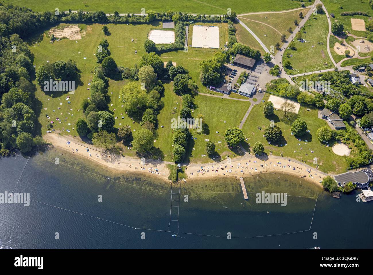 Aerial view, leisure activities at Unterbacher See, lido cafe pontoon ...