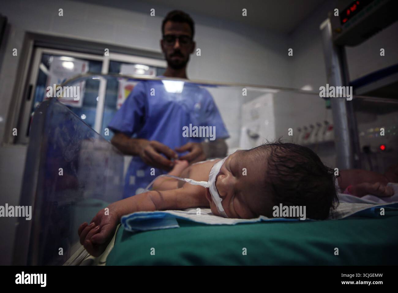 Newborn Palestinian baby Hamza al-Rubai receives medical care at Al ...