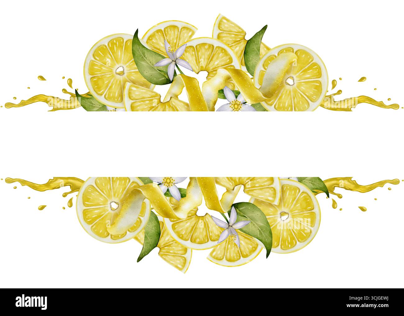 Lemon slices with green leaves, flowers and juice splash forming ...
