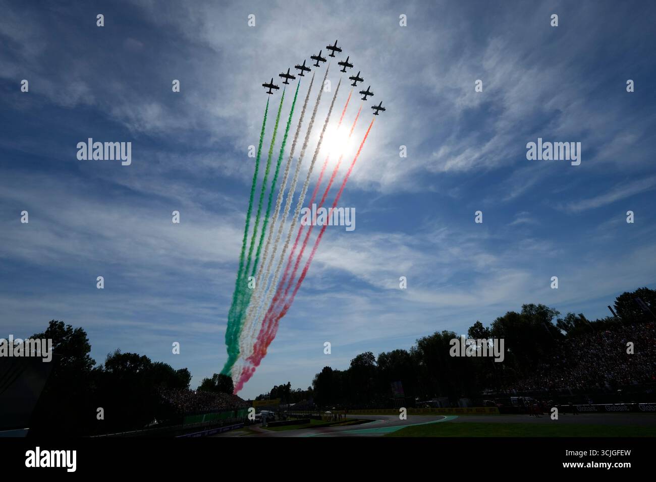 Tricolori, of the Italian Airforce fly over prior to the Italian Grand ...