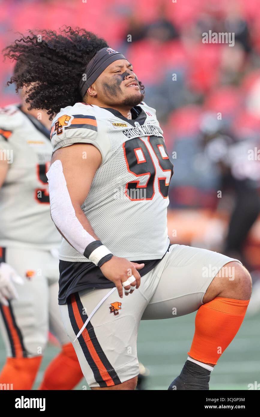 September 05, 2025: BC Lions defensive lineman Jonah Tavai (99) warms ...