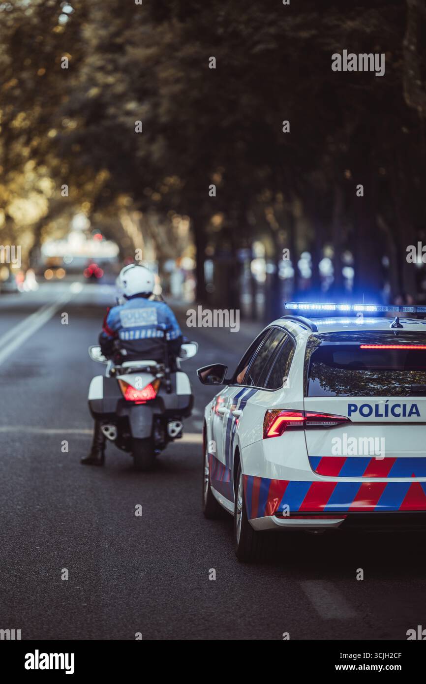 Police patrol scene with a marked car and motorcycle officer on a city ...