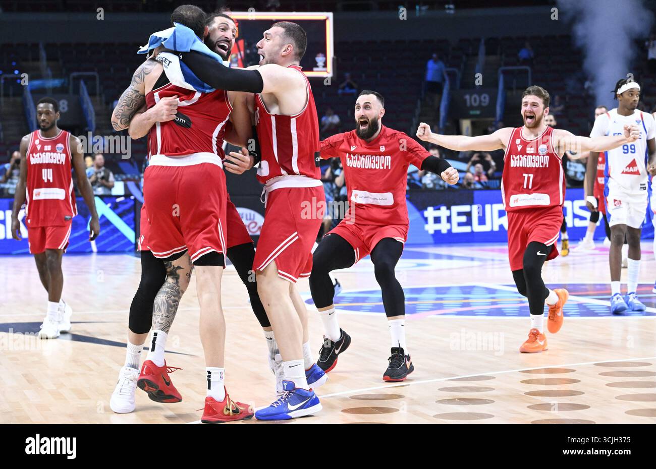 Georgian players celebrating after victory during FIBA EuroBasket 2025 ...