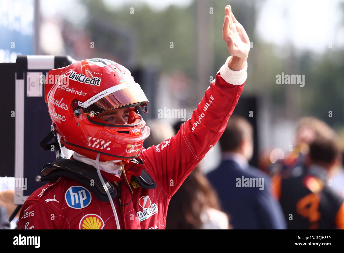 Charles Leclerc of Scuderia Ferrari greets the fans at the end of the ...