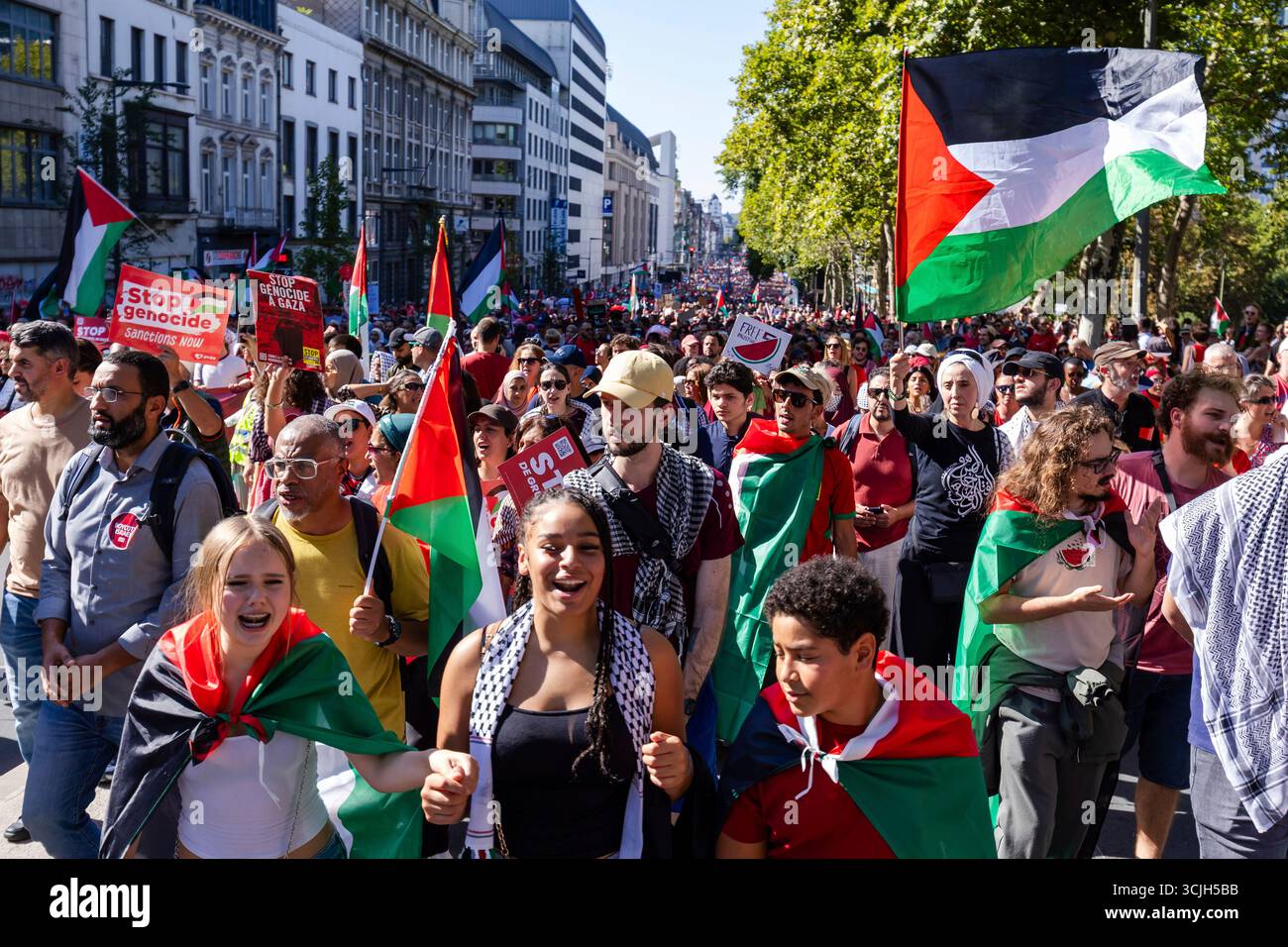 People shout slogans and wave Palestinian flags as they march during a ...
