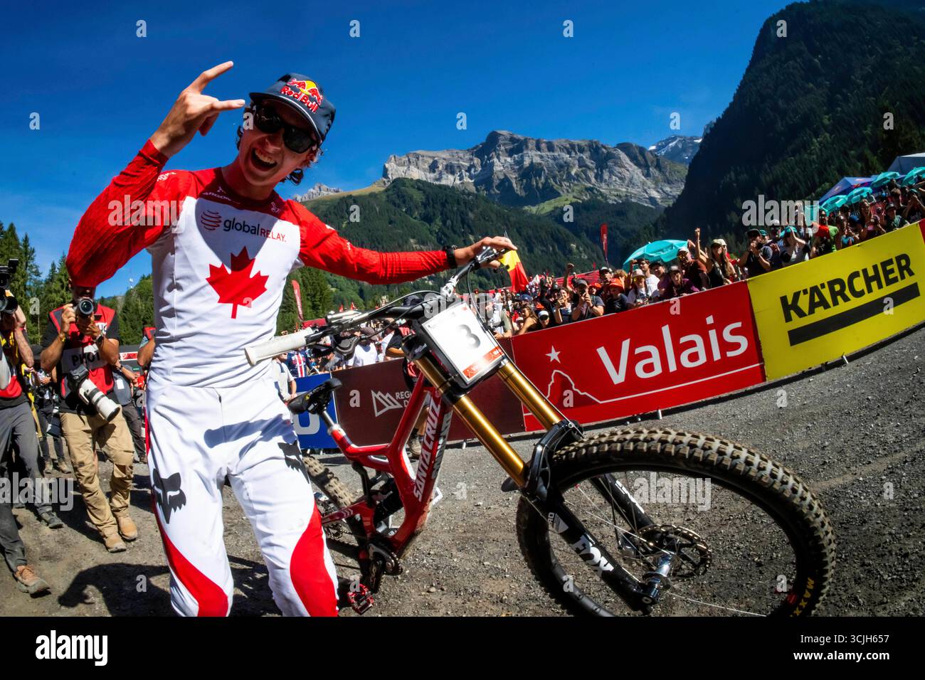 First placed Jackson Goldstone of Canada celebrates after the men's MTB ...