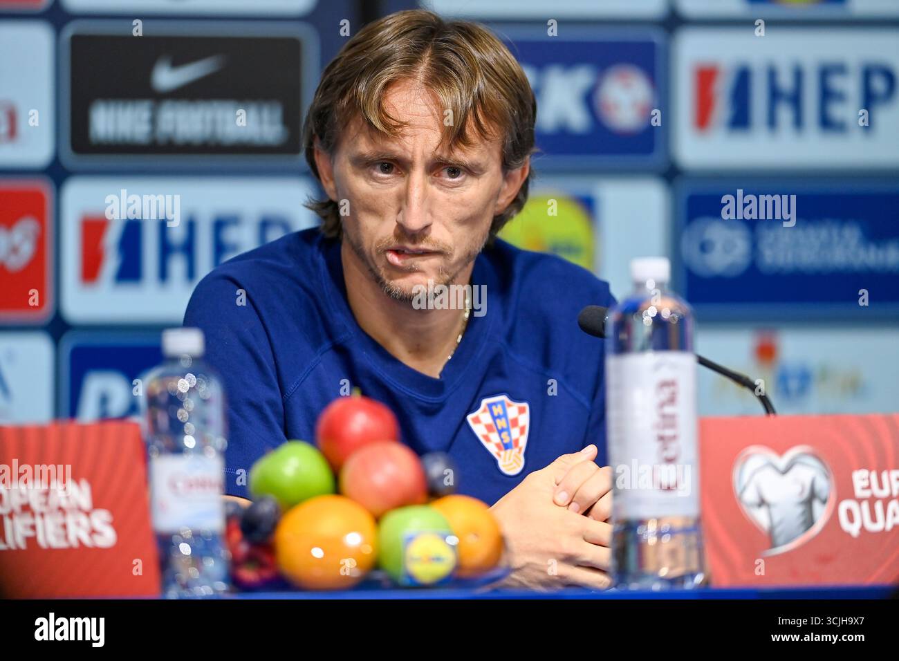 Luka Modric of Croatia speaks with a media ahead of the training ...