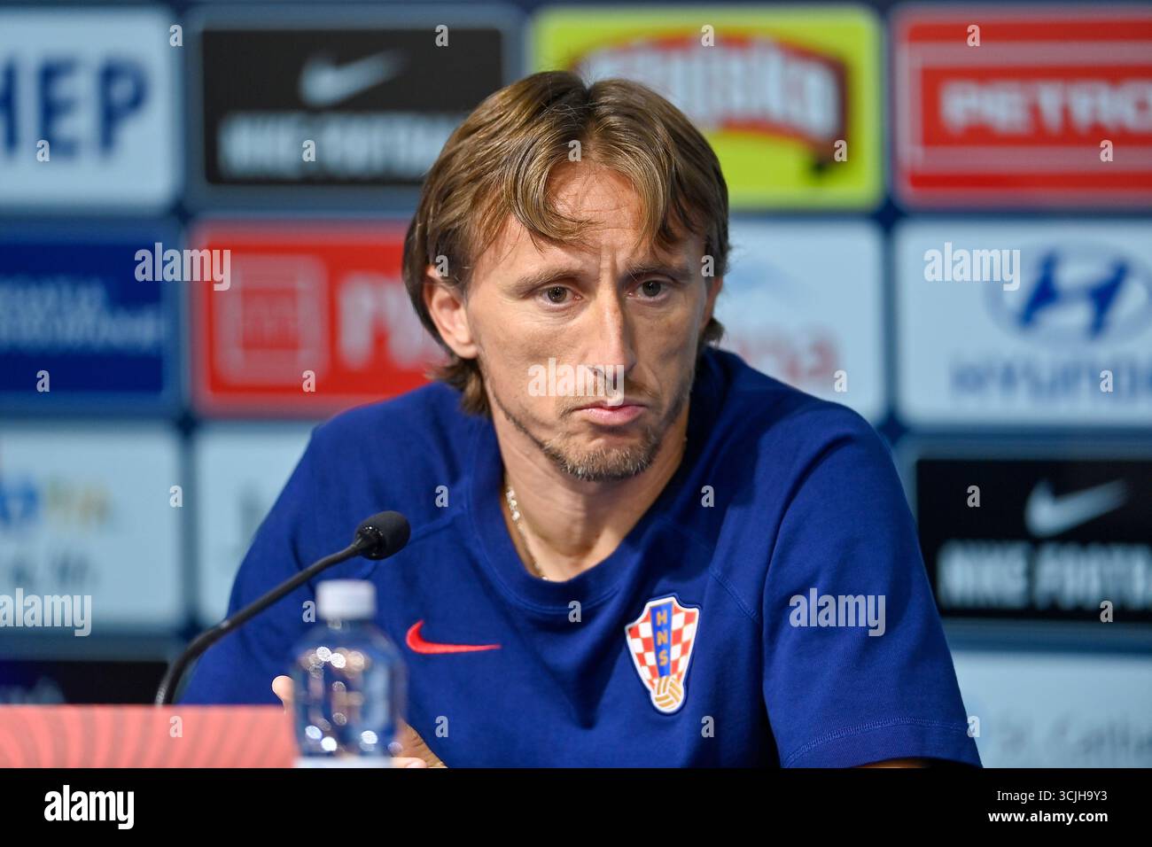 Luka Modric of Croatia speaks with a media ahead of the training session at Maksimir Stadium in ...