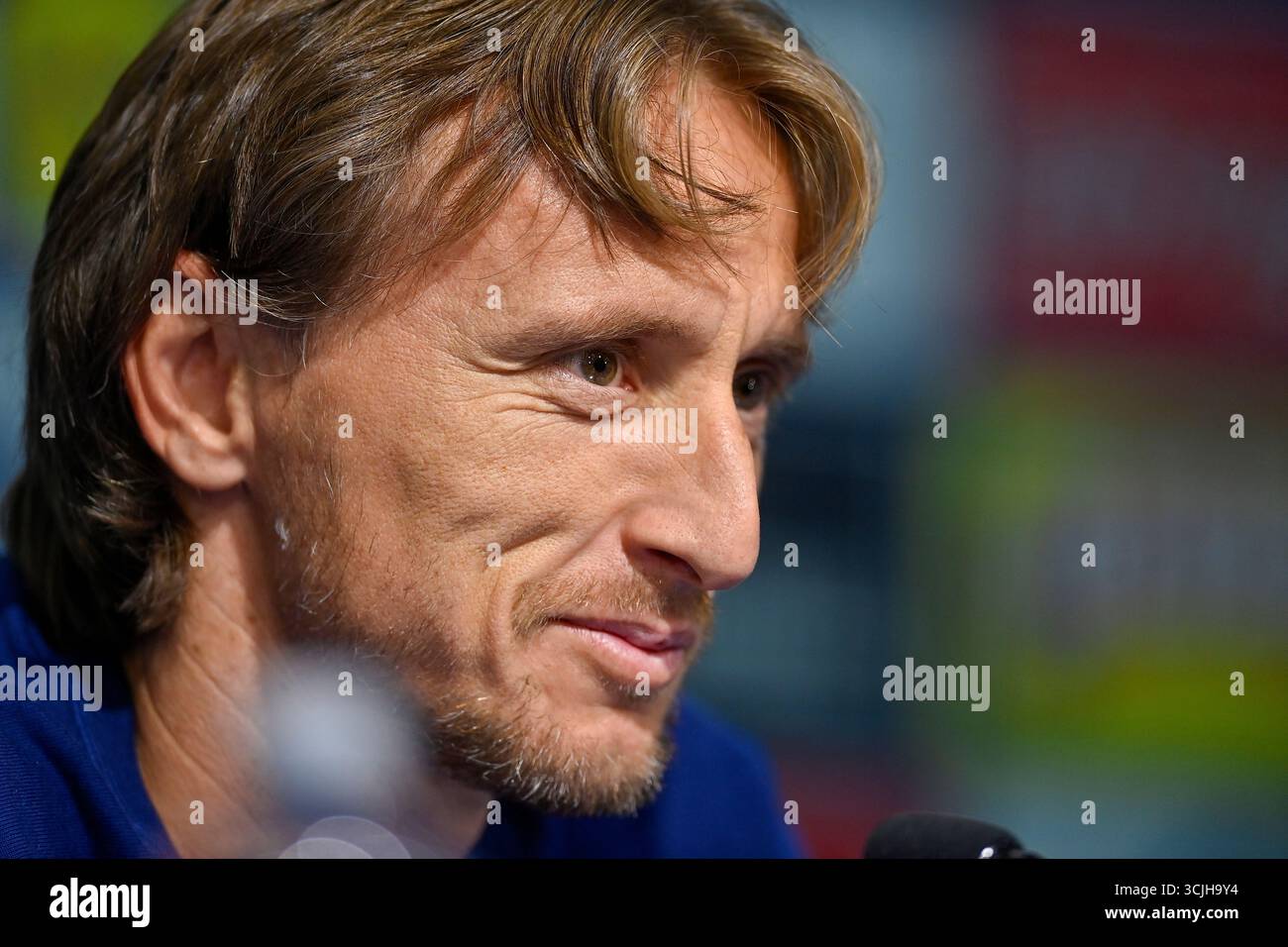 Luka Modric of Croatia speaks with a media ahead of the training session at Maksimir Stadium in ...