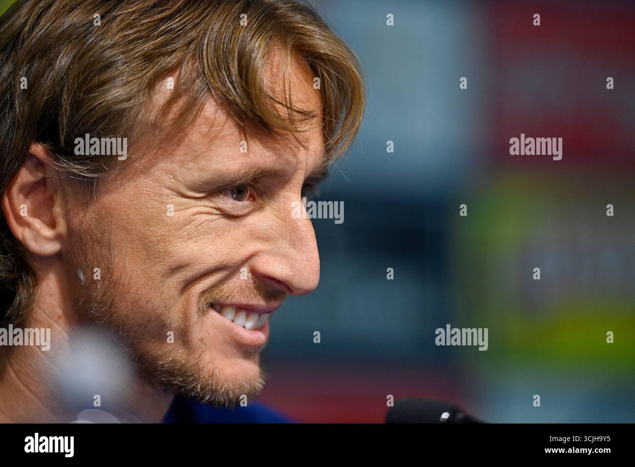 Luka Modric of Croatia speaks with a media ahead of the training session at Maksimir Stadium in ...