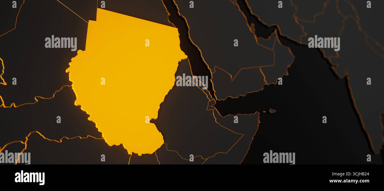 Golden Sudan 3d map surrounded with other countries in black with ...