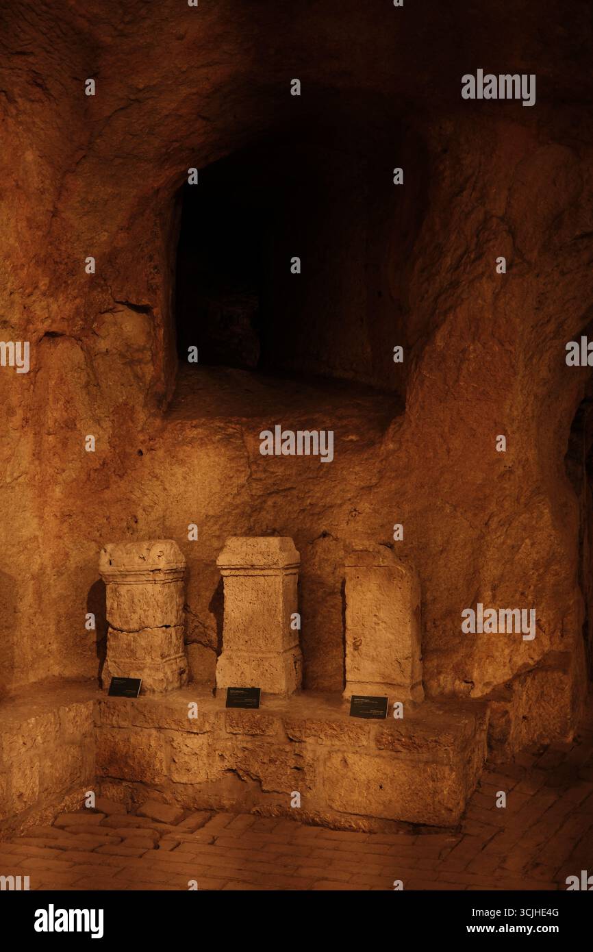 Small Roman grave stone altars preserved in the cave-like chambers ...
