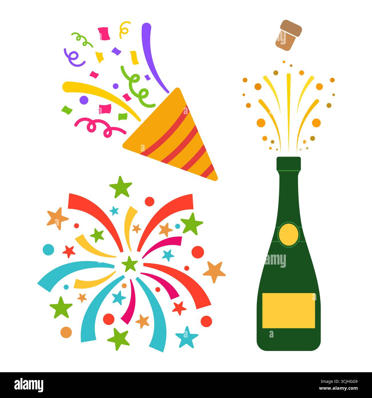 Festive Celebration Icons with Champagne, Confetti and Fireworks ...