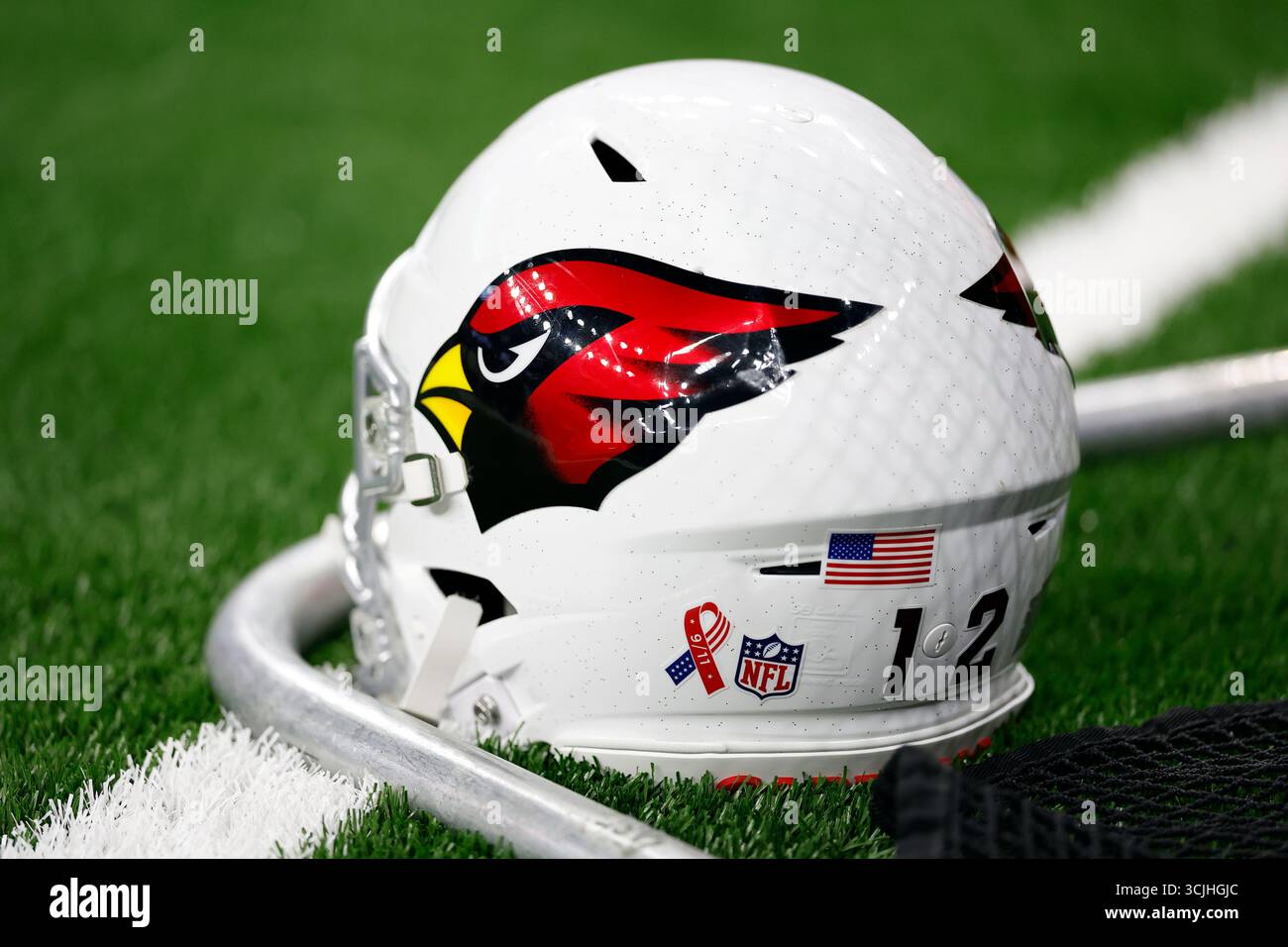 A detailed view of a 9/11 memorial decal on the helmet of Arizona ...