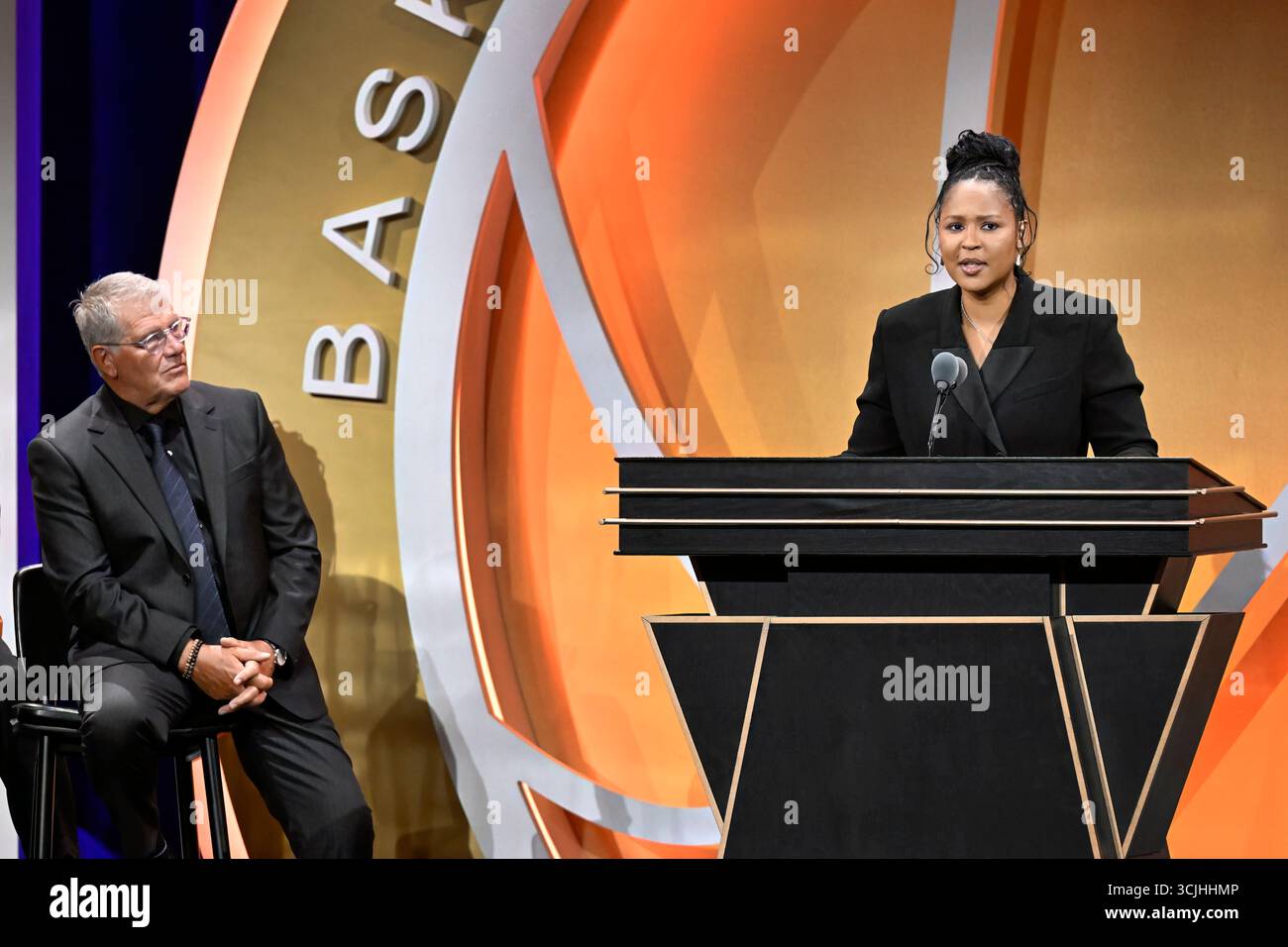 Maya Moore, right, speaks during her enshrinement in the Basketball ...