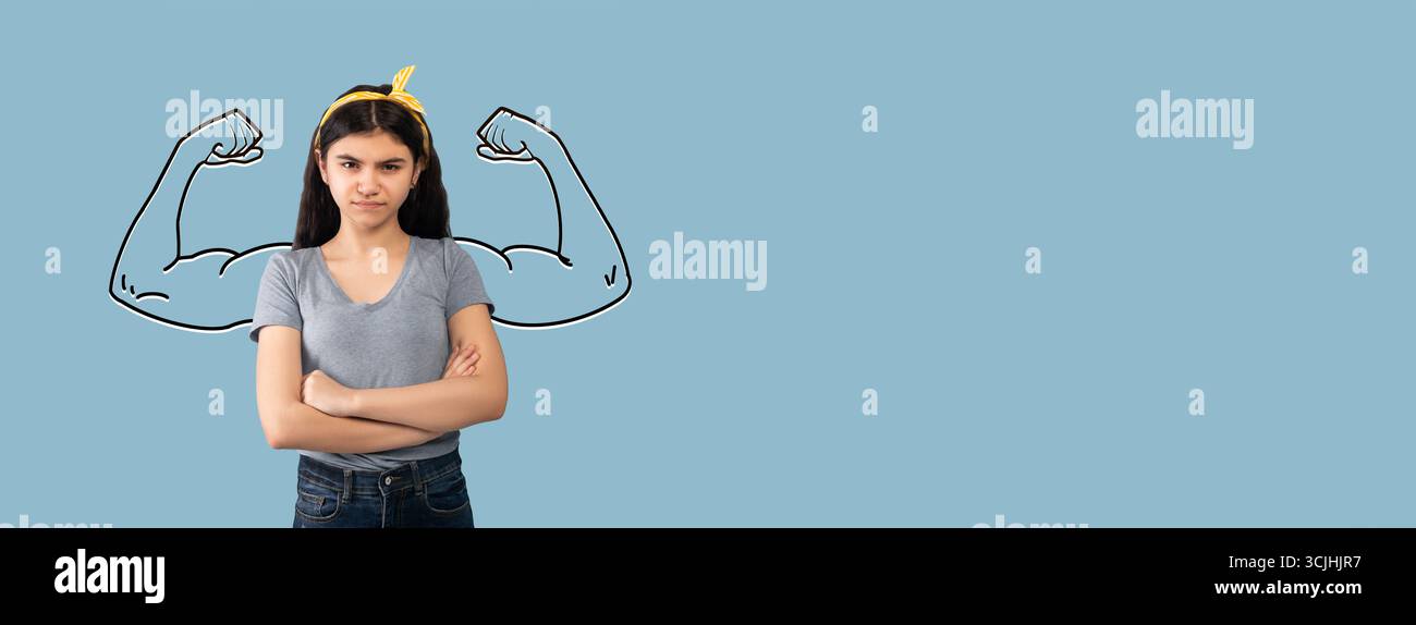 Collage depicting strength and spirit with biceps against a solid ...