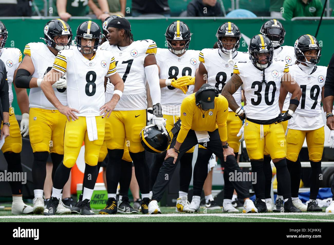Pittsburgh Steelers quarterback Aaron Rodgers (8) looks on from the ...