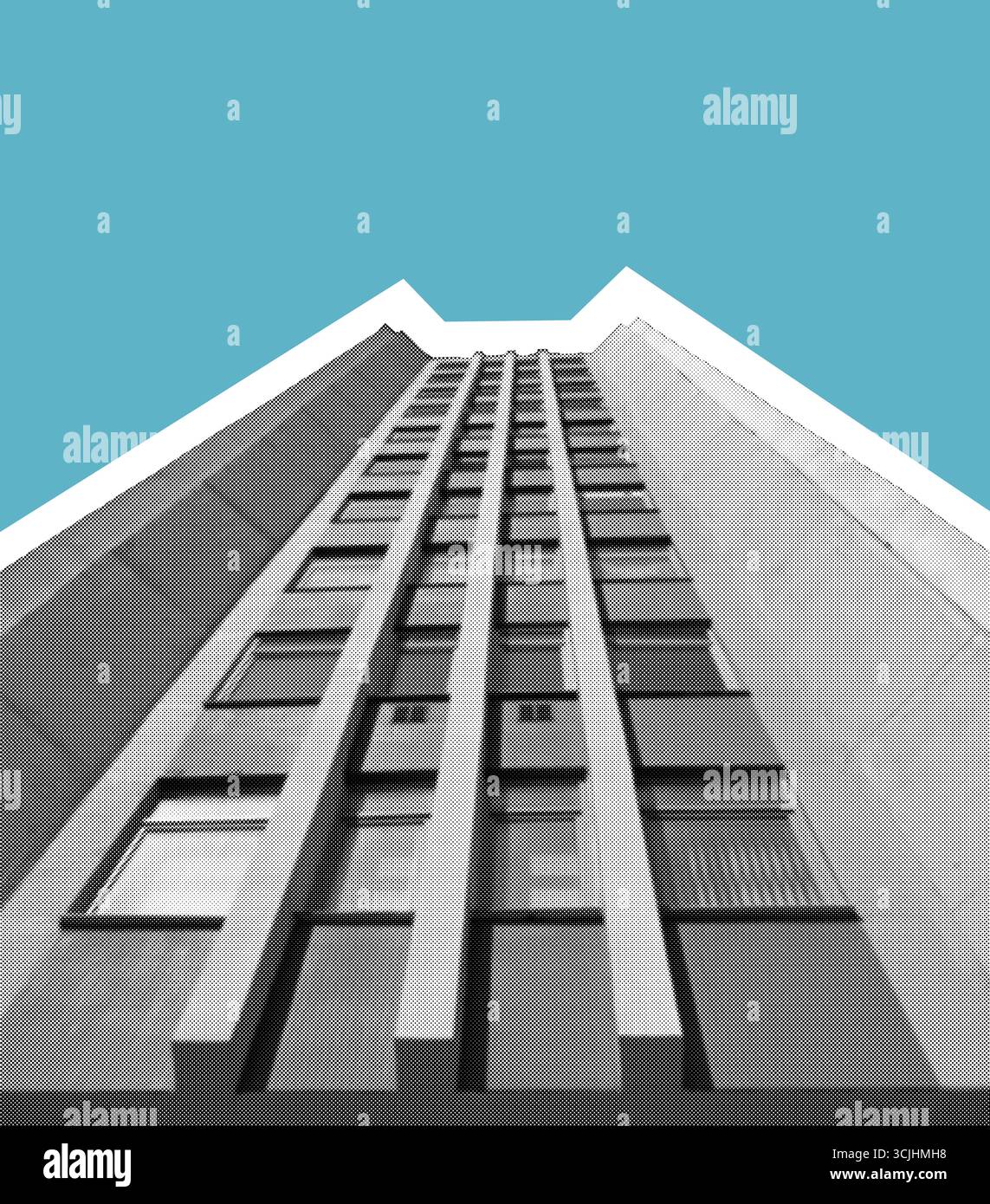 tall modernist building viewed from below, with high contrast halftone ...