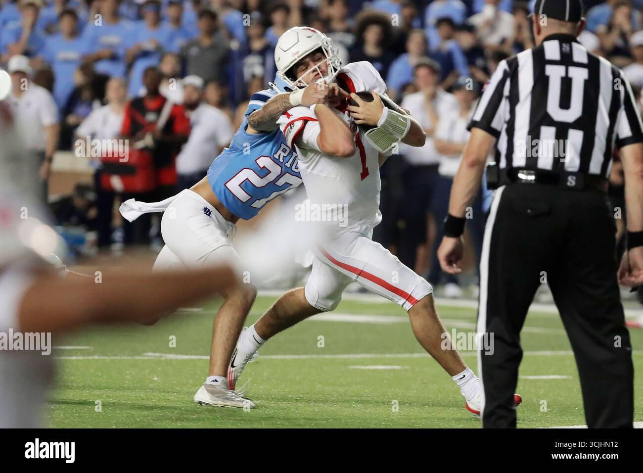 Rice safety Jack Kane (27) has his tackle broken on the touchdown run ...