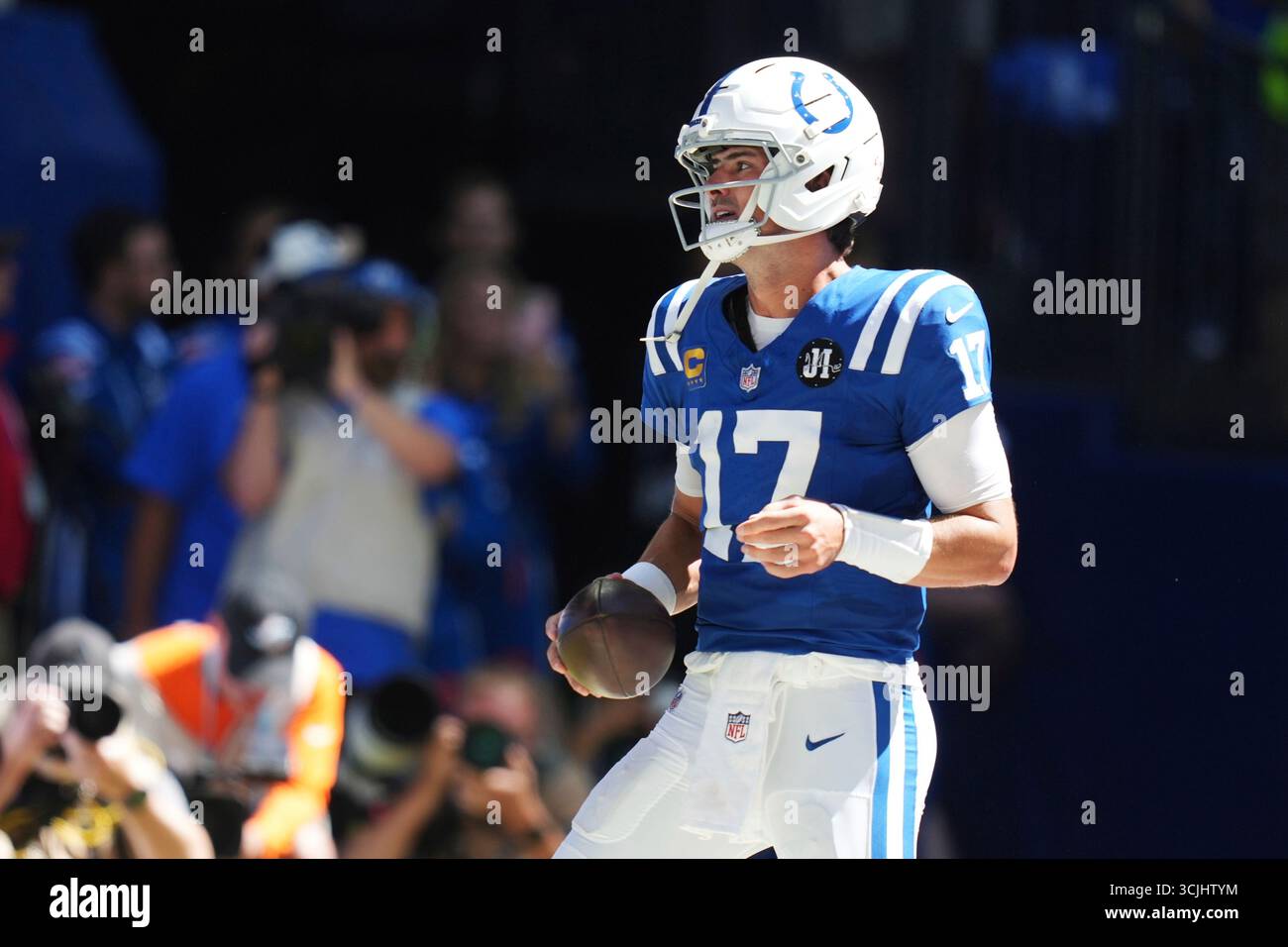 Indianapolis Colts quarterback Daniel Jones (17) reacts after scoring a ...