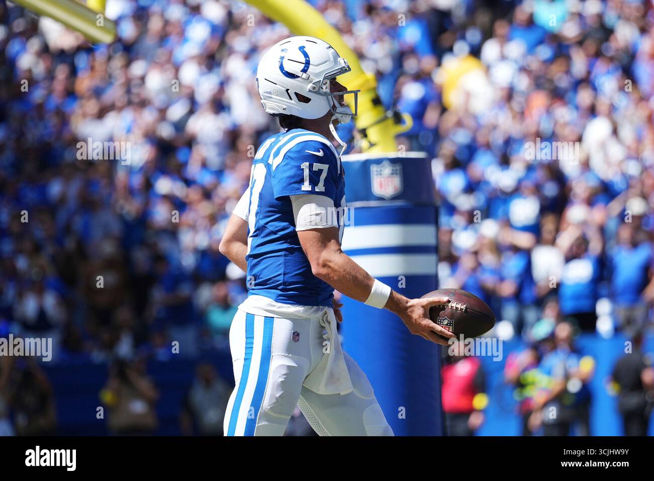 Indianapolis Colts quarterback Daniel Jones reacts after scoring a ...