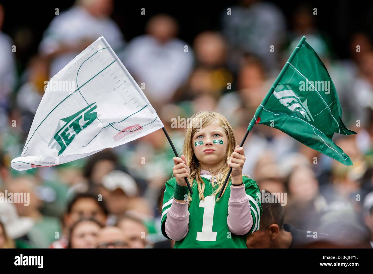 A spectator holds flags during the first half of an NFL football game ...