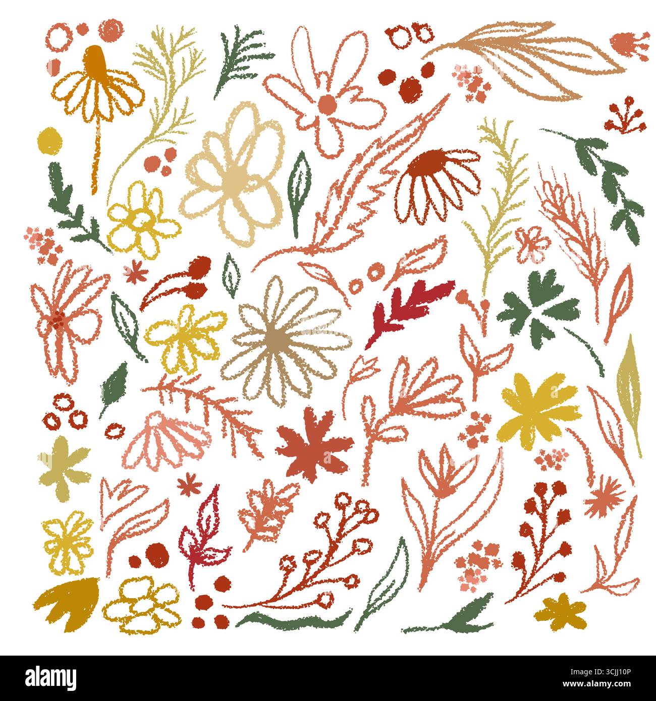 Autumn flowers and leaves in chalk. hand drawn. Not AI, Vector ...