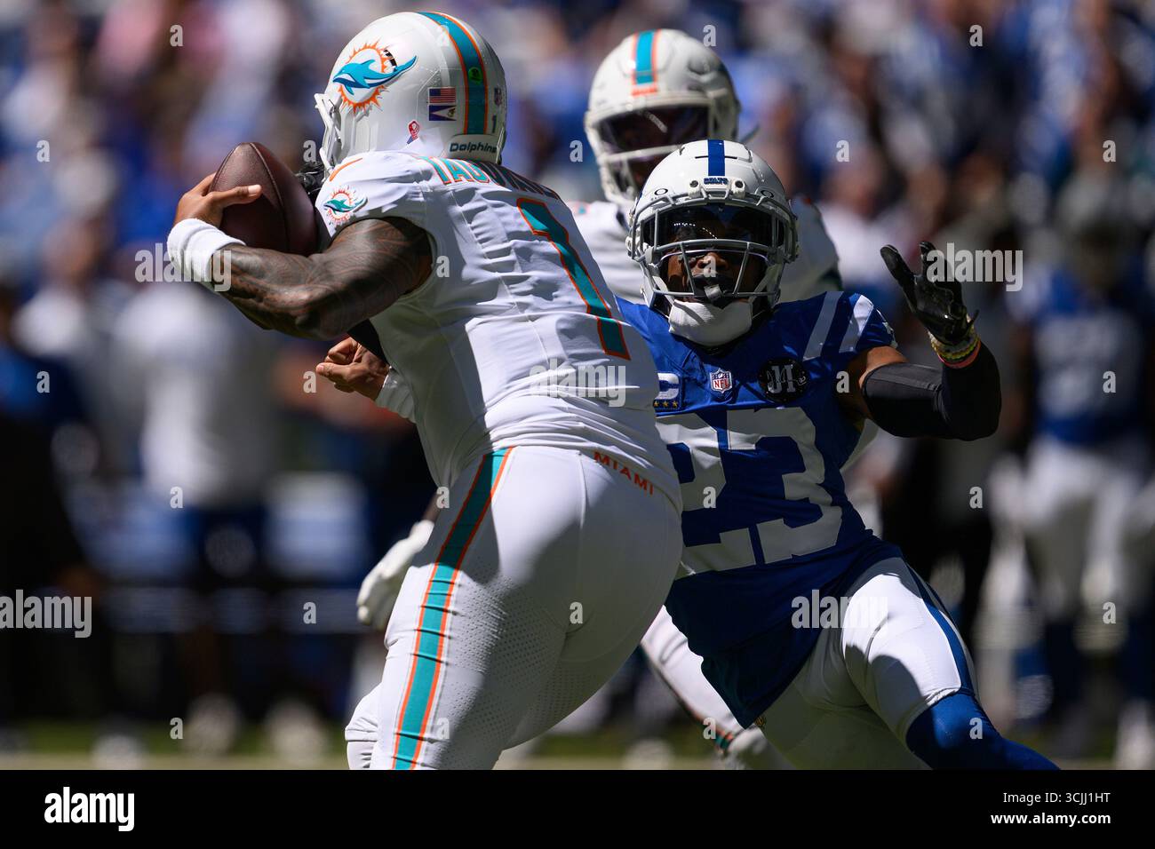 Indianapolis Colts cornerback Kenny Moore II (23) knocks the ball away ...
