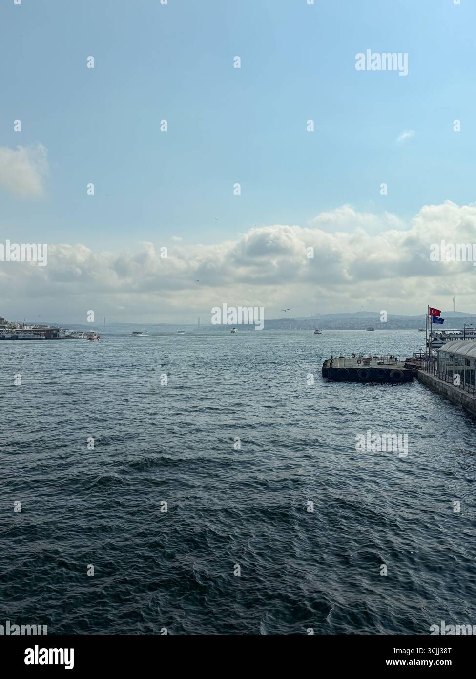 View of Bosphorus waterfront with boats, bridge, and cloudy sky ...
