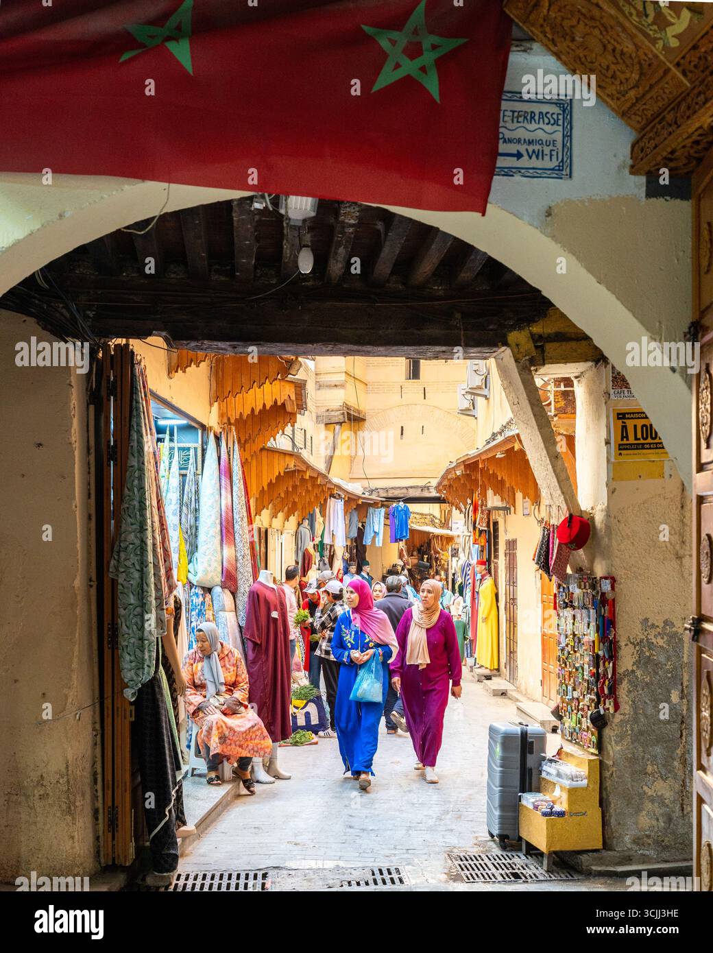 Fez, Morocco, May 1, 2025. Colorful Fez souk inside the medina, full of ...
