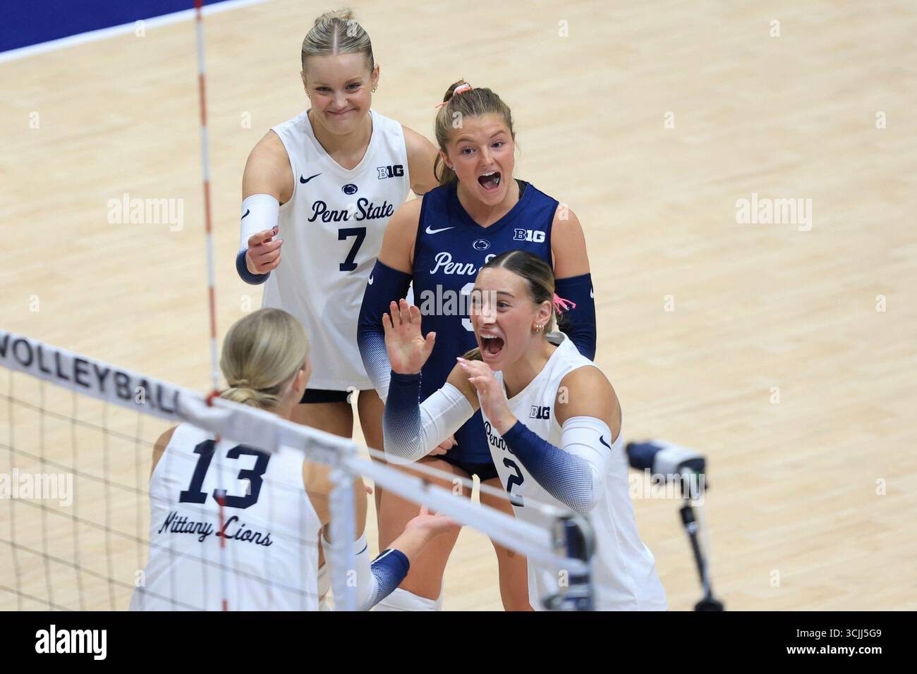 Penn State's libero Gillian Grimes (3) reacts with teammates during an ...
