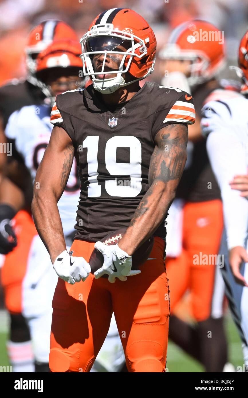 Cleveland Browns wide receiver Cedric Tillman (19) reacts after a catch ...