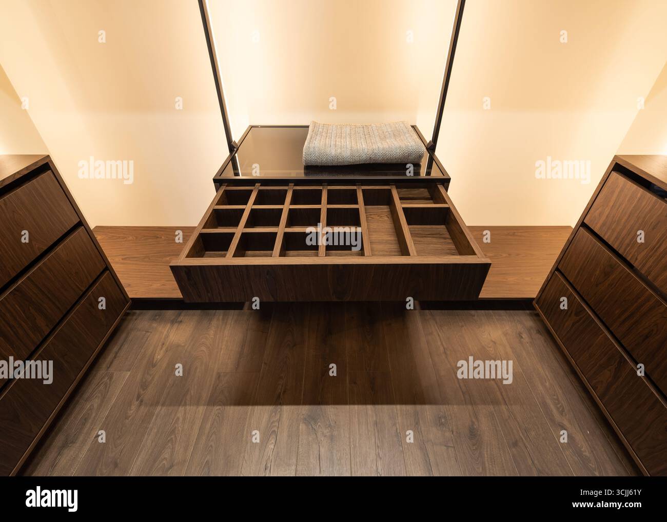 Empty closet drawer with organizers. Drawer with square cells for ...