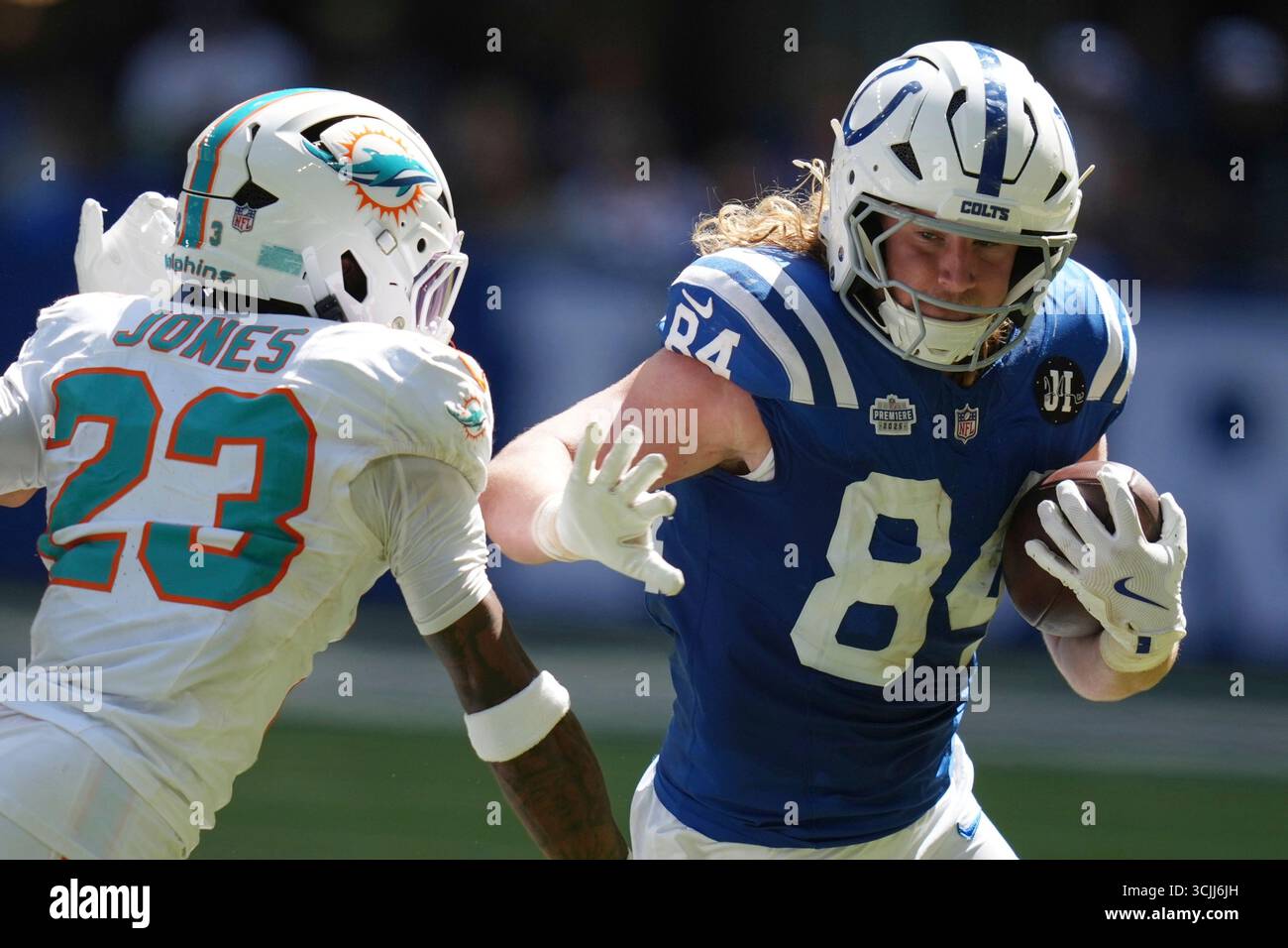 Indianapolis Colts tight end Tyler Warren (84) is stopped by Miami ...