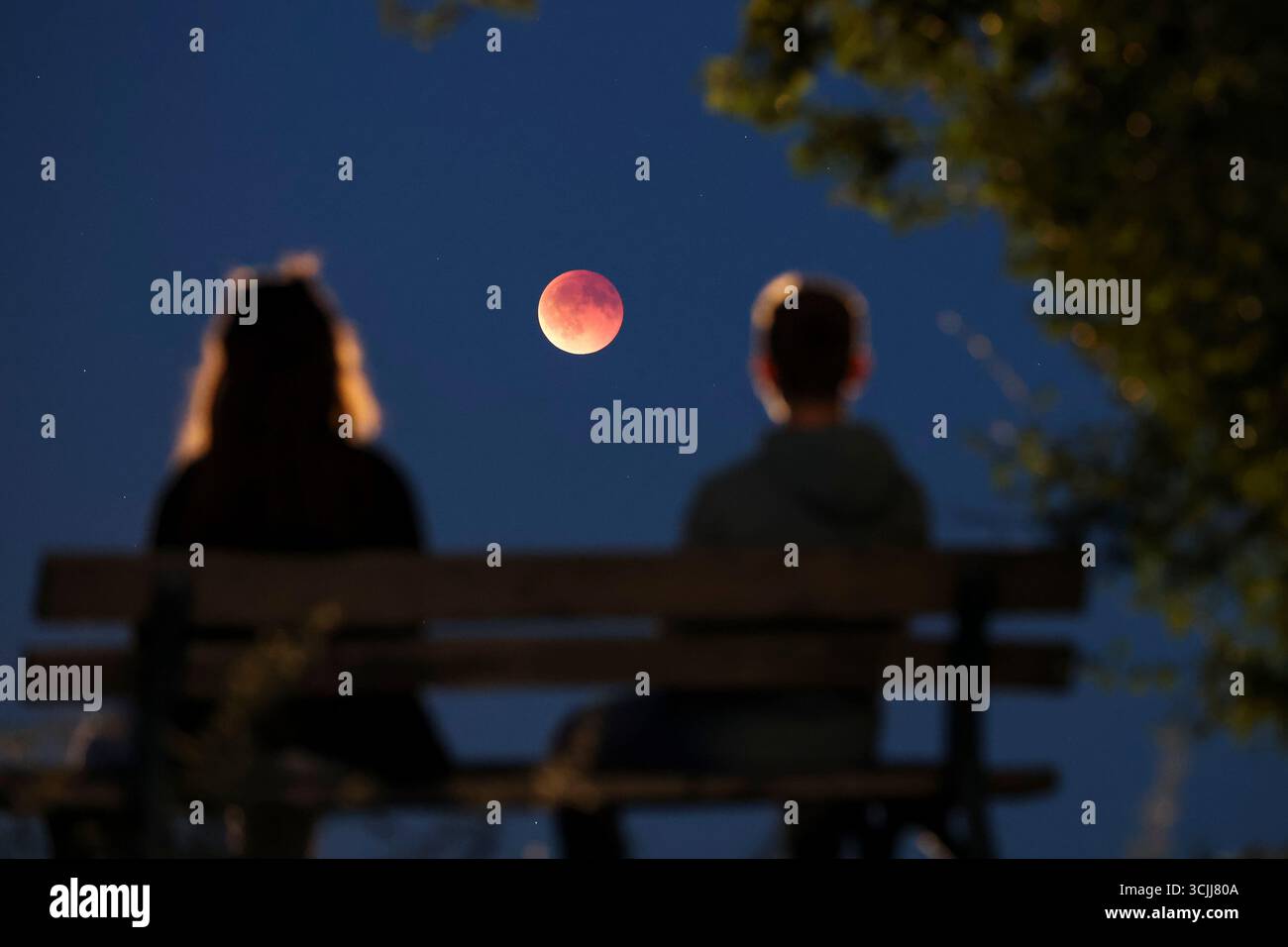 07 September 2025, Saxony, Leipzig: Onlookers watch the total lunar ...
