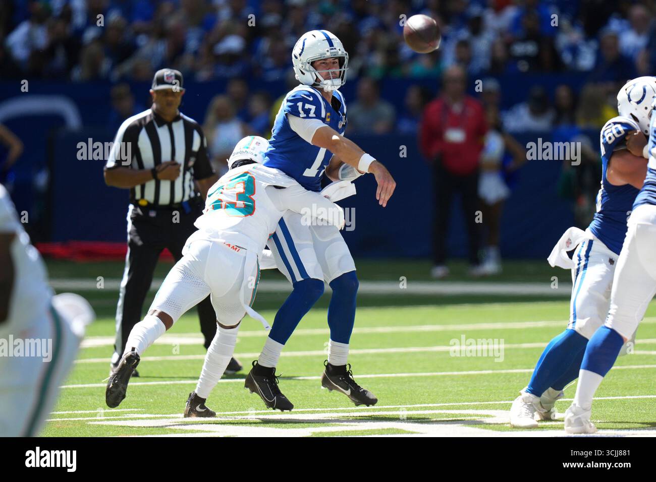 Indianapolis Colts quarterback Daniel Jones (17) throws under pressure ...