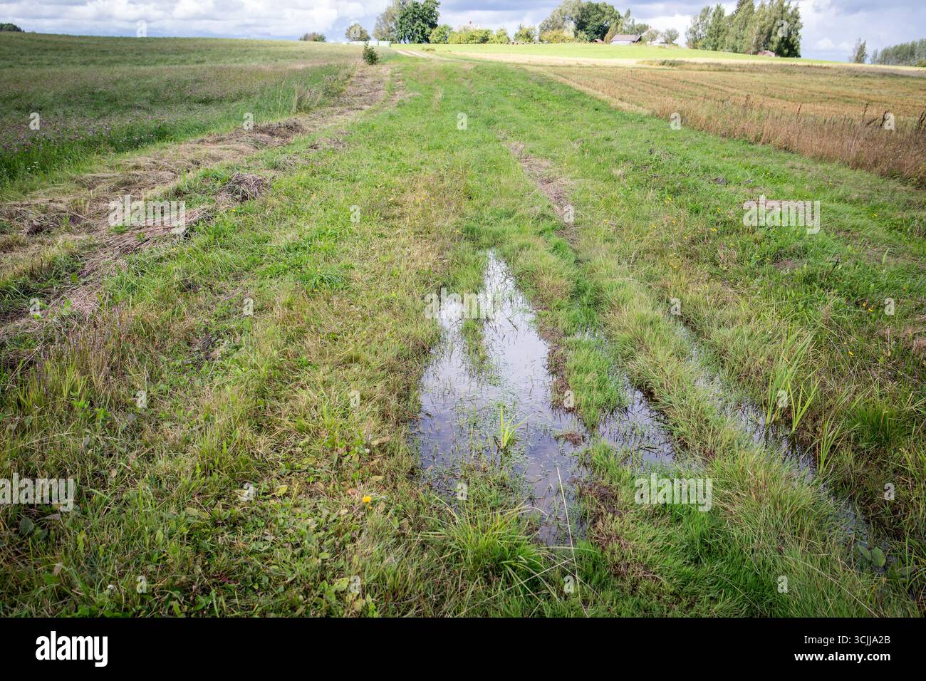 Flooded rural field road with deep water puddles and tire tracks after ...