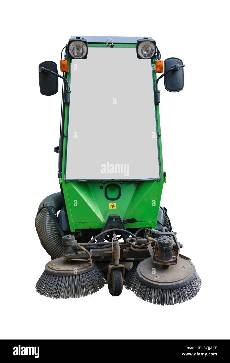 Front View Of A Green Street Sweeper Vehicle With Rotating Brushes ...