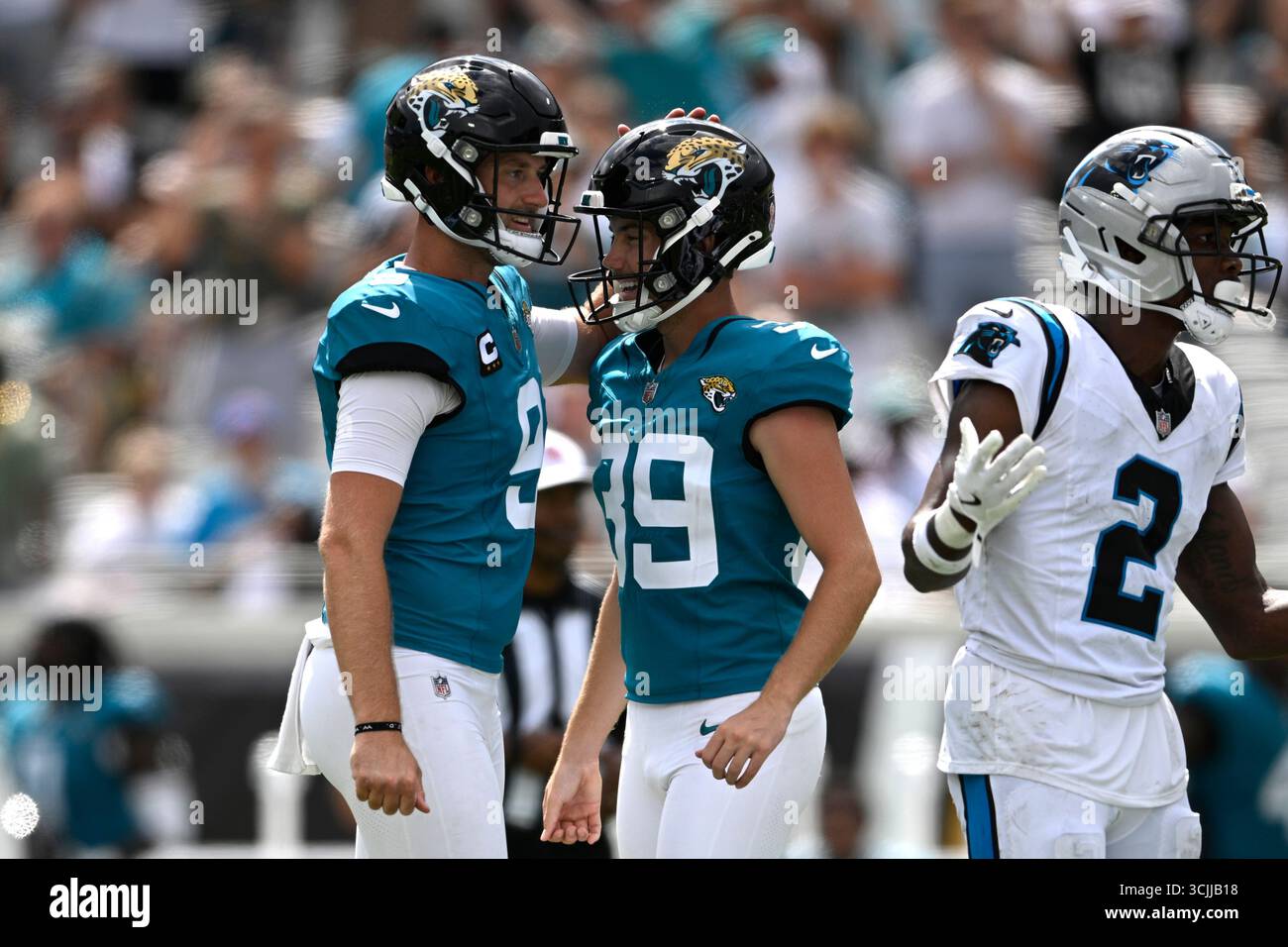 Jacksonville Jaguars place kicker Cam Little (39) and punter Logan ...